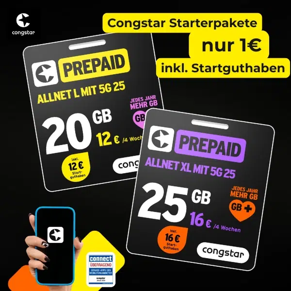 Congstar Prepaid-Starterpakete für nur 1€ - inkl. Startguthaben